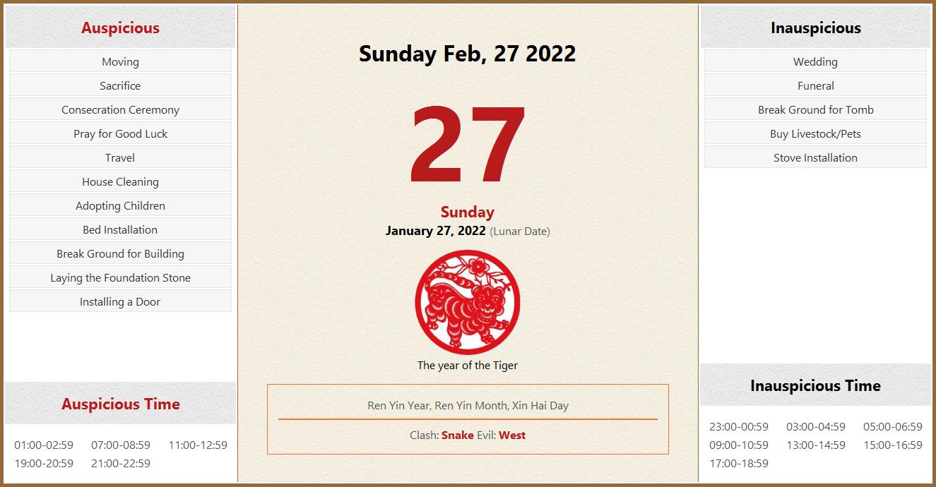 February 27, 2022 Almanac Calendar: Auspicious/Inauspicious Events and ...