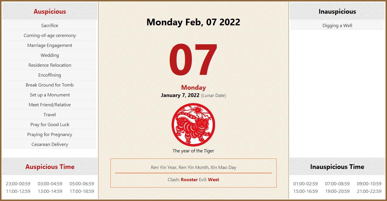February 07, 2022 Almanac Calendar: Auspicious/Inauspicious Events and ...