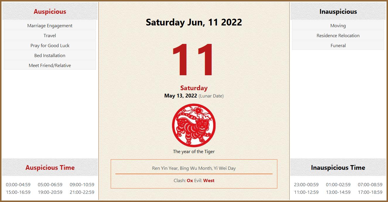 June 11, 2022 Almanac Calendar: Auspicious/Inauspicious Events and Time ...