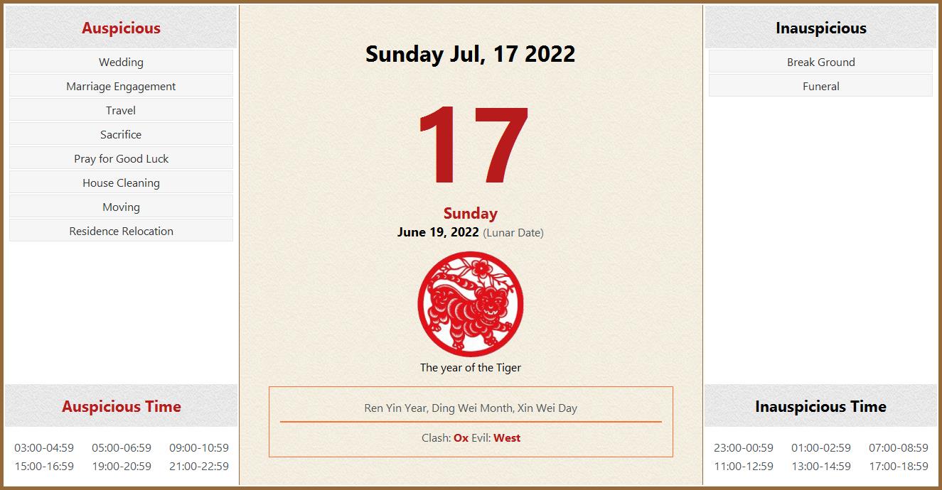 July 17, 2022 Almanac Calendar: Auspicious/Inauspicious Events and Time ...