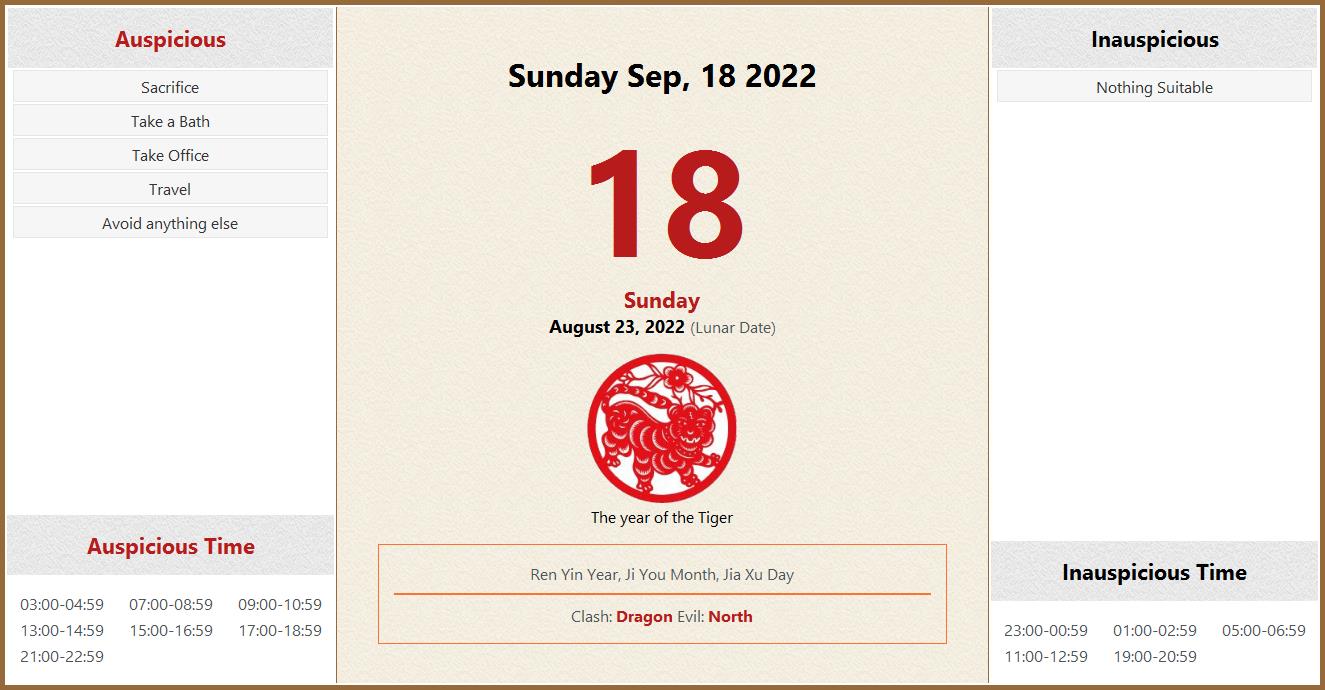 September 18, 2022 Almanac Calendar: Auspicious/Inauspicious Events and ...
