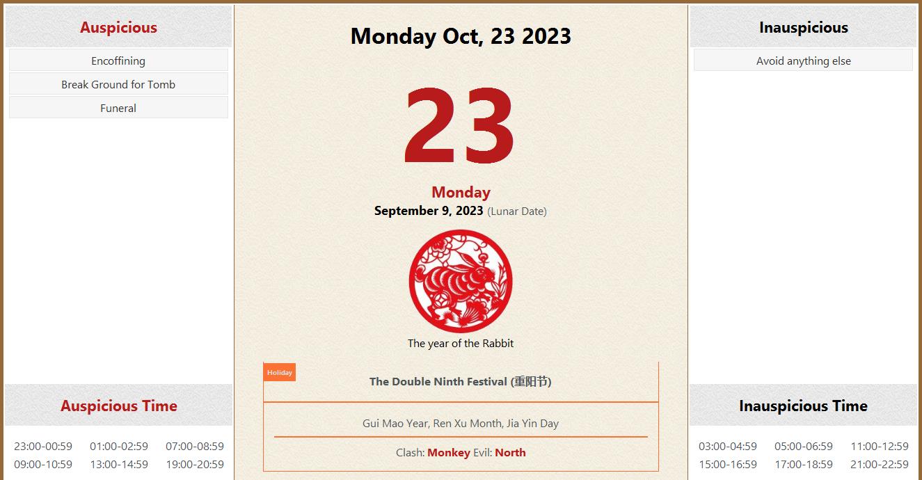 October 23, 2023 Almanac Calendar: Auspicious/Inauspicious Events and ...
