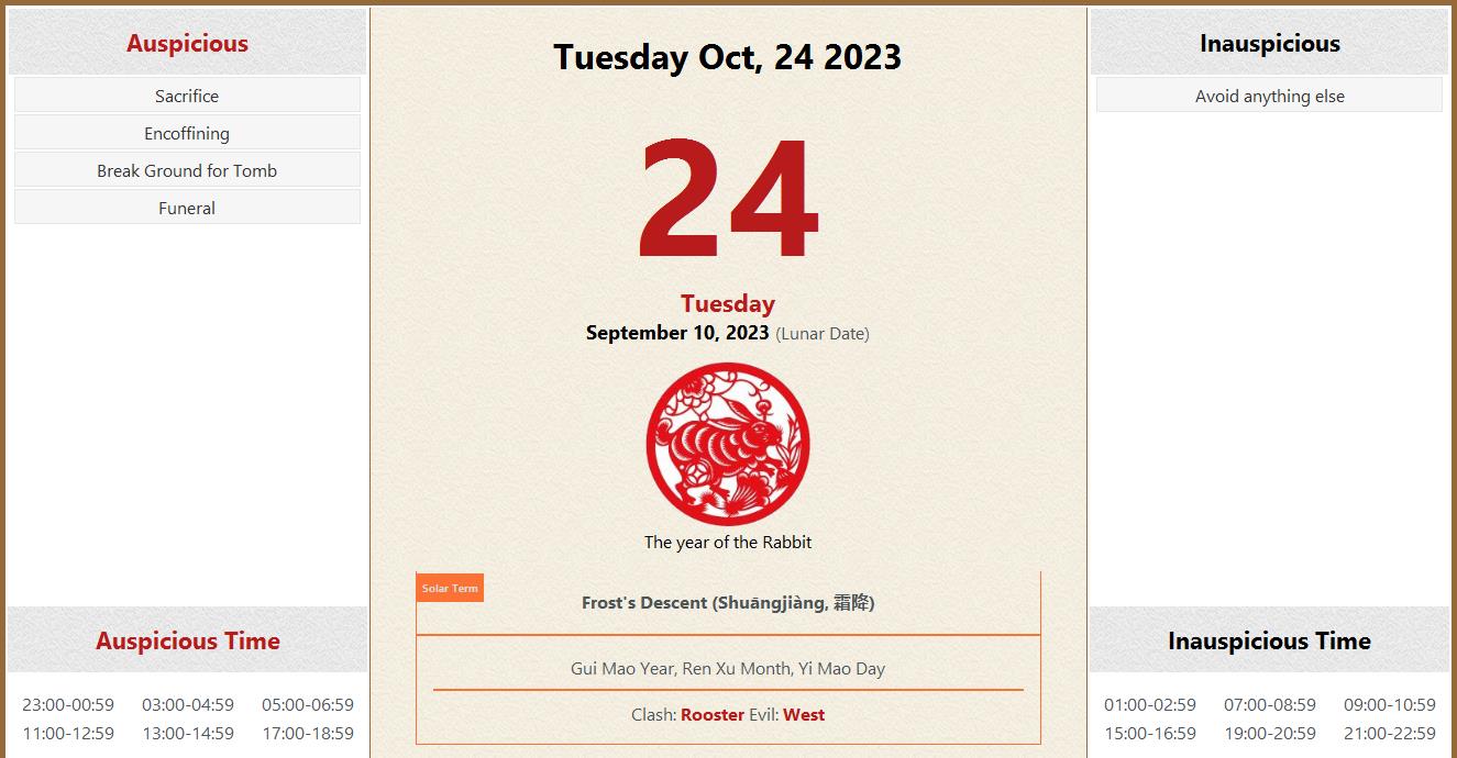 October 24, 2023 Almanac Calendar: Auspicious/Inauspicious Events and ...