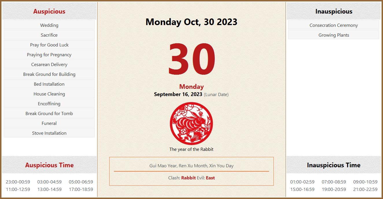 October 30, 2023 Almanac Calendar: Auspicious/Inauspicious Events and ...