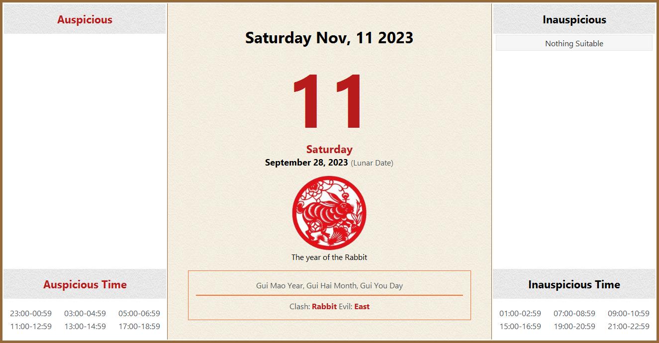 November 11, 2023 Almanac Calendar: Auspicious/Inauspicious Events and ...