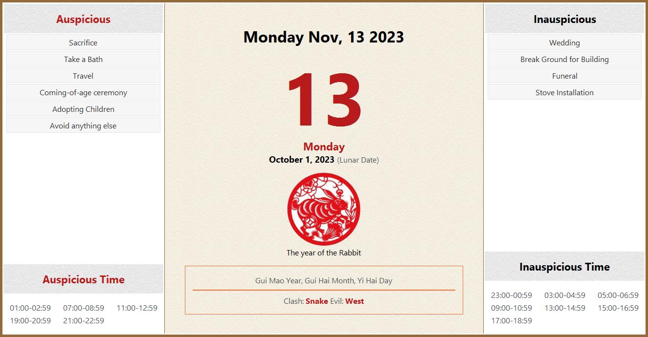 November 13, 2023 Almanac Calendar: Auspicious/Inauspicious Events and ...