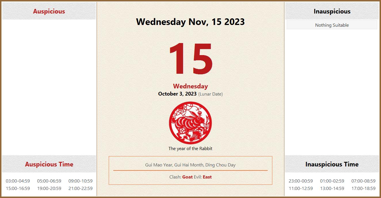 November 15, 2023 Almanac Calendar: Auspicious/Inauspicious Events and ...