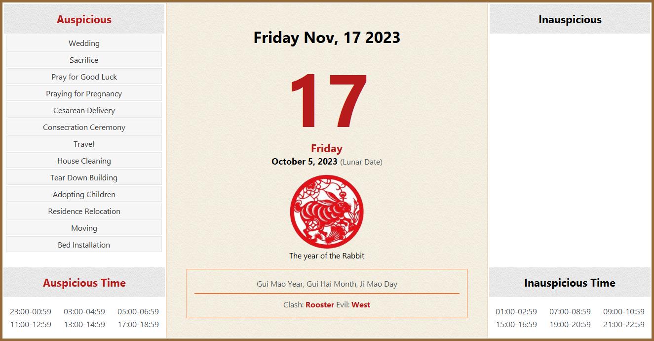 November 17, 2023 Almanac Calendar: Auspicious/Inauspicious Events and ...