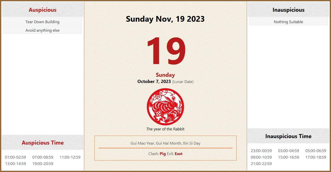 November 19, 2023 Almanac Calendar: Auspicious/Inauspicious Events and ...