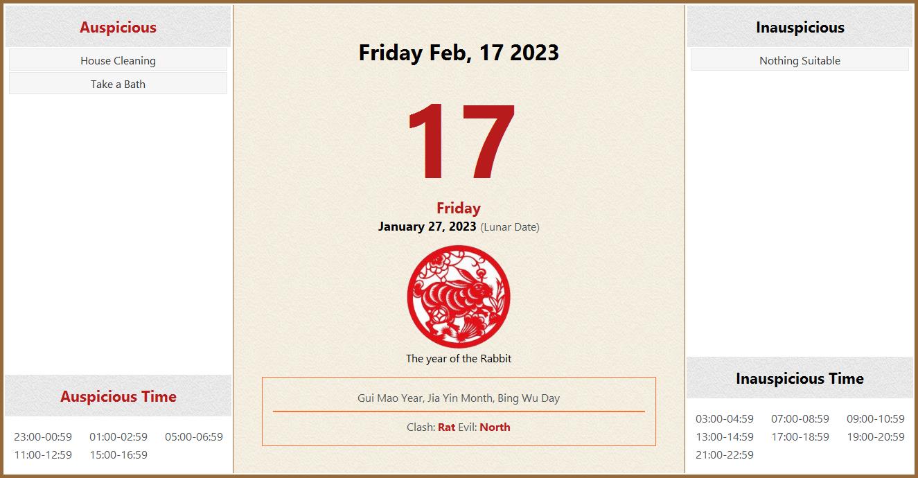 February 17, 2023 Almanac Calendar: Auspicious/Inauspicious Events and ...