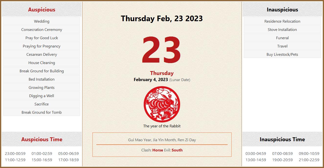 February 23, 2023 Almanac Calendar: Auspicious/Inauspicious Events and ...