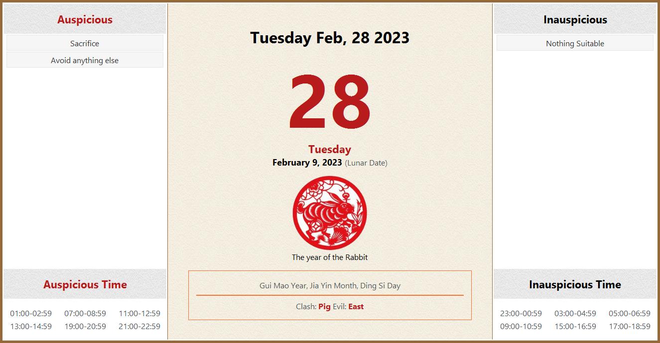 February 28, 2023 Almanac Calendar: Auspicious/Inauspicious Events and ...