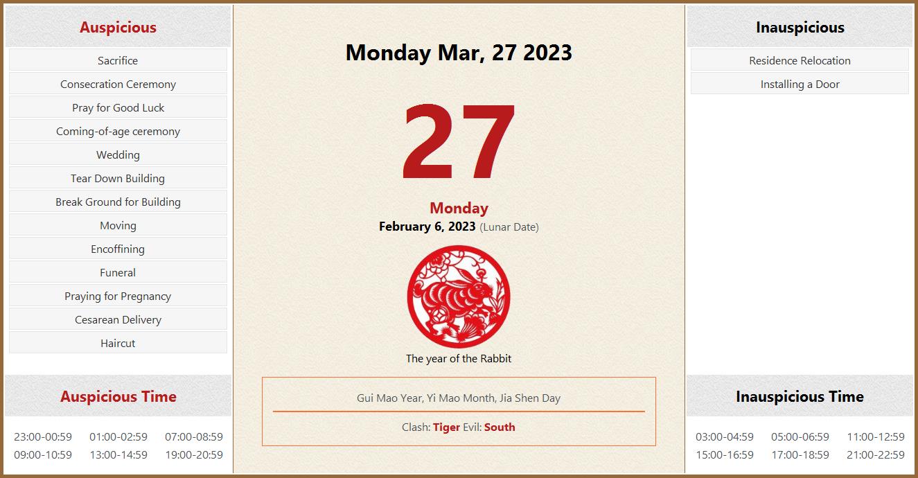 March 27, 2023 Almanac Calendar: Auspicious/Inauspicious Events and ...