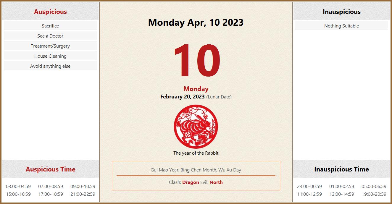 April 10 2023 Almanac Calendar Auspicious Inauspicious Events And April 10 2023 Almanac Calendar Auspicious Inauspicious Events And