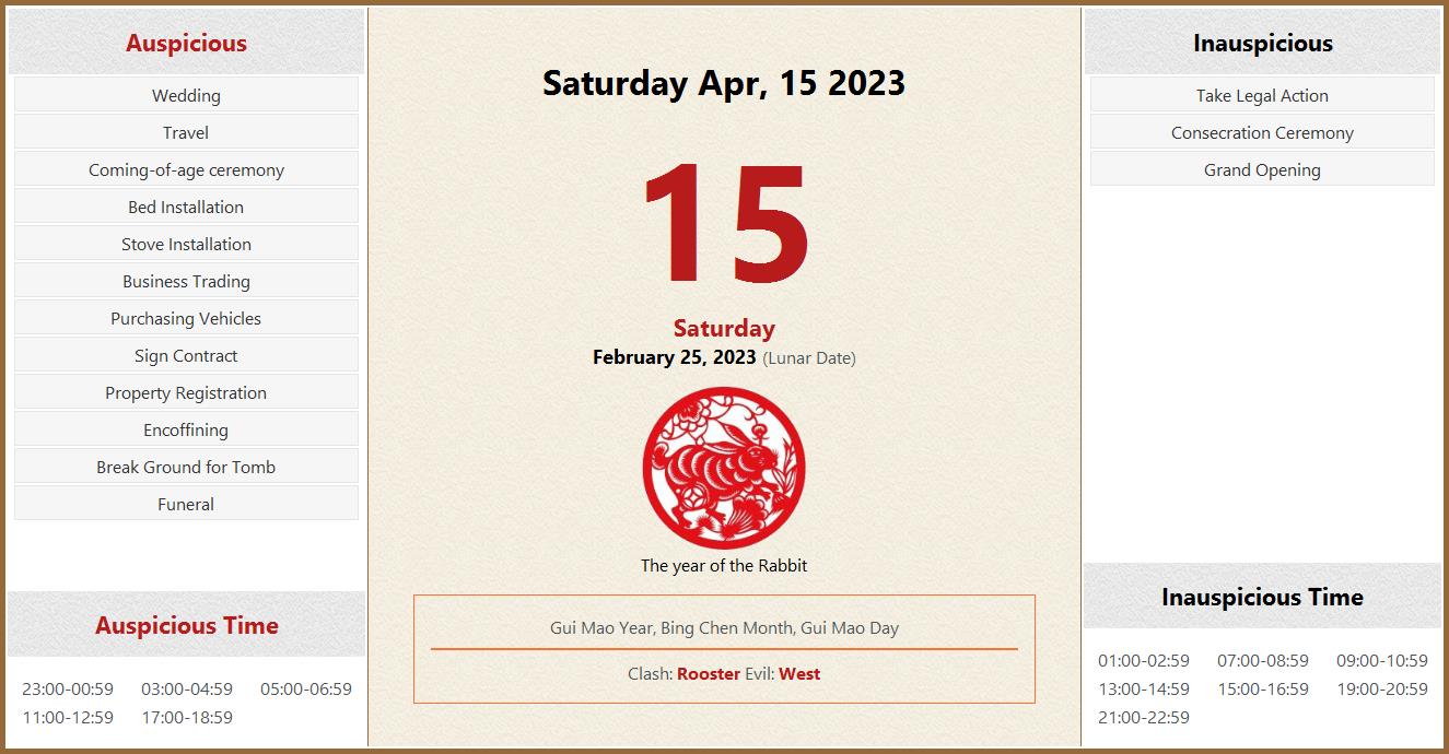 April 15, 2023 Almanac Calendar: Auspicious/Inauspicious Events and ...