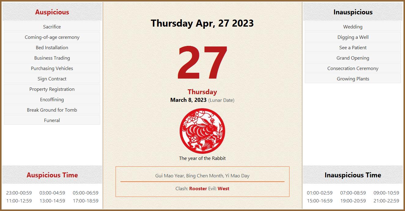 April 27, 2023 Almanac Calendar: Auspicious/Inauspicious Events and ...