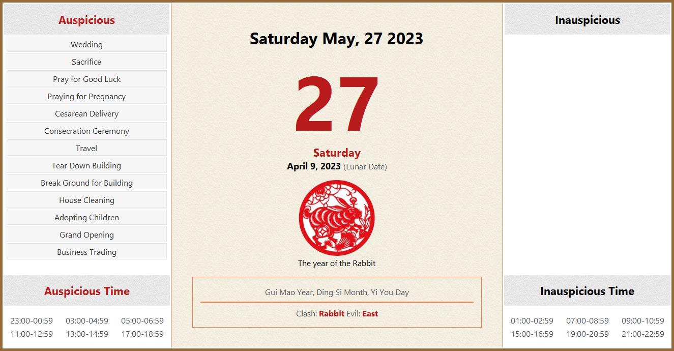 May 27, 2023 Almanac Calendar: Auspicious/Inauspicious Events and Time ...