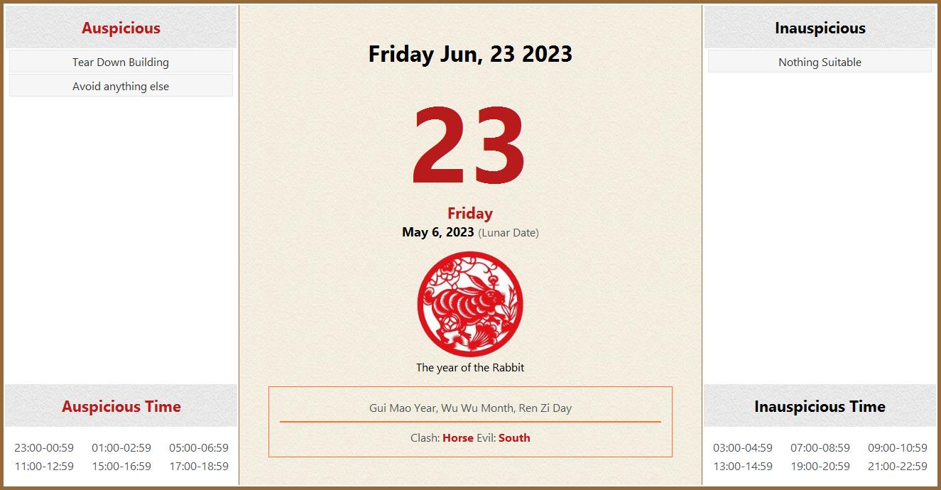 June 23, 2023 Almanac Calendar: Auspicious/Inauspicious Events and Time ...