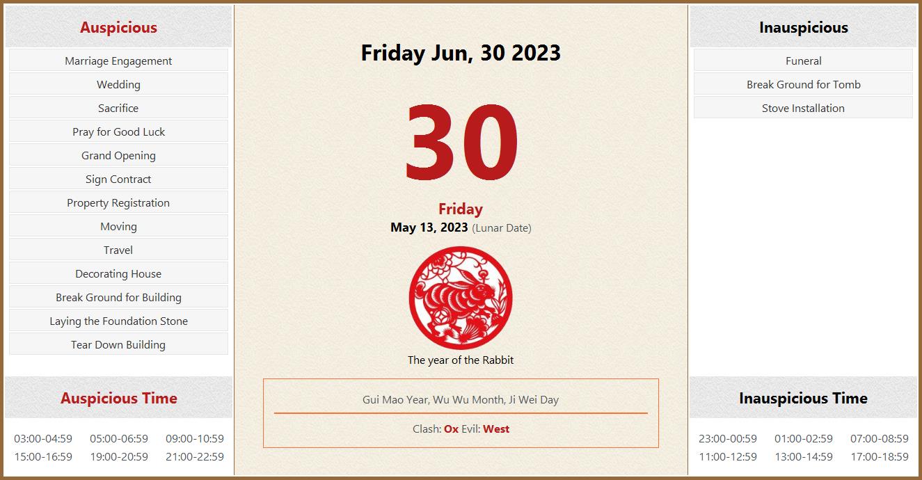 June 30, 2023 Almanac Calendar: Auspicious/Inauspicious Events and Time ...