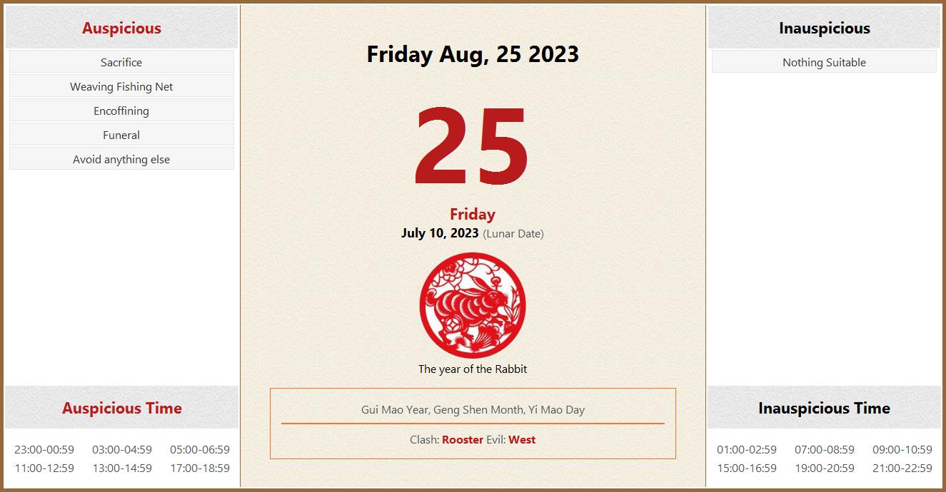 August 25, 2023 Almanac Calendar: Auspicious/Inauspicious Events and ...