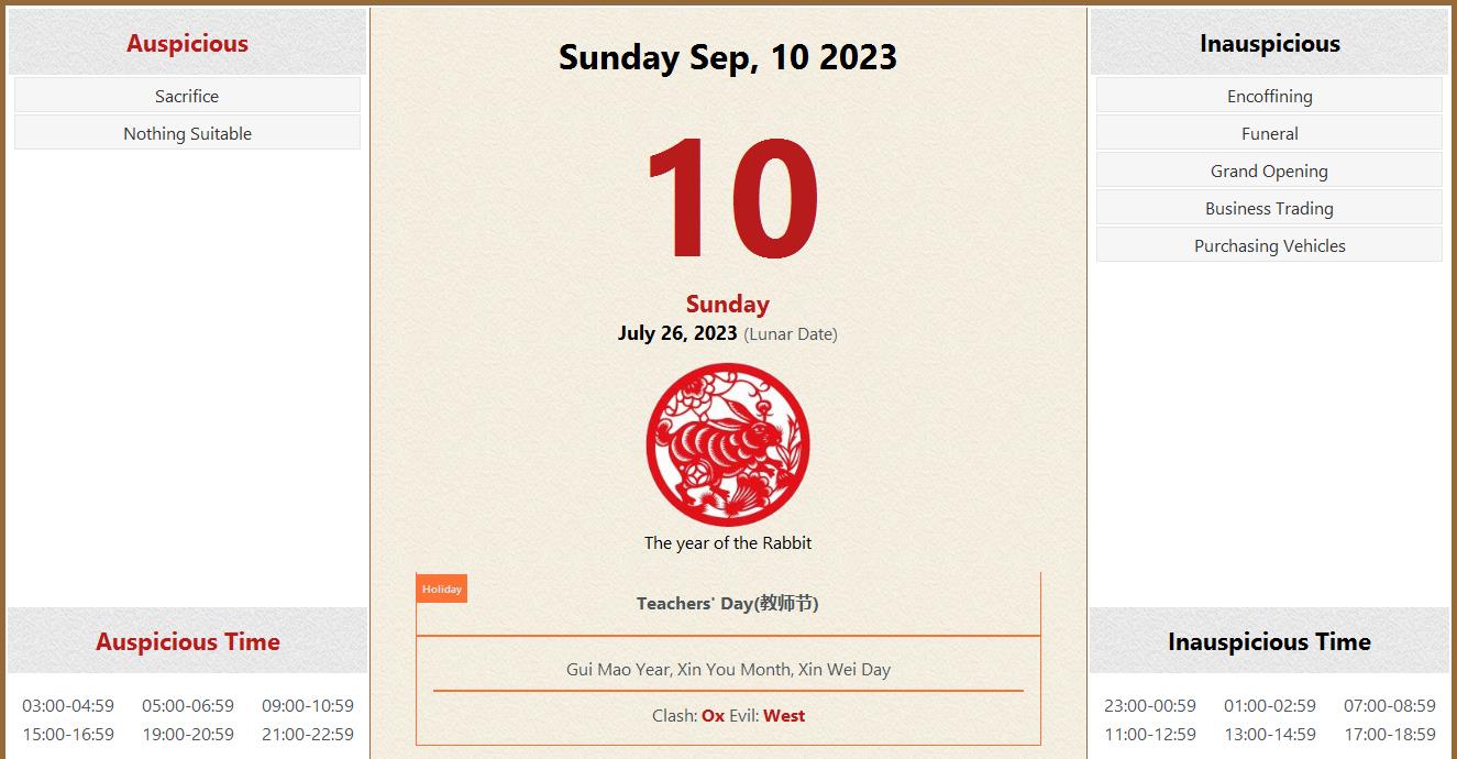 September 10, 2023 Almanac Calendar: Auspicious/Inauspicious Events and ...