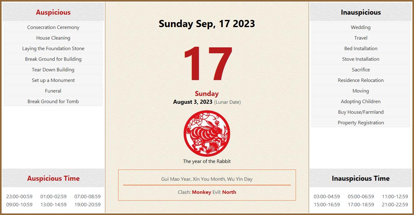 September 17, 2023 Almanac Calendar: Auspicious/Inauspicious Events and ...