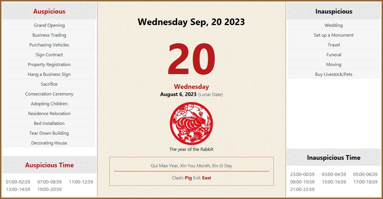 September 20, 2023 Almanac Calendar: Auspicious/Inauspicious Events and ...