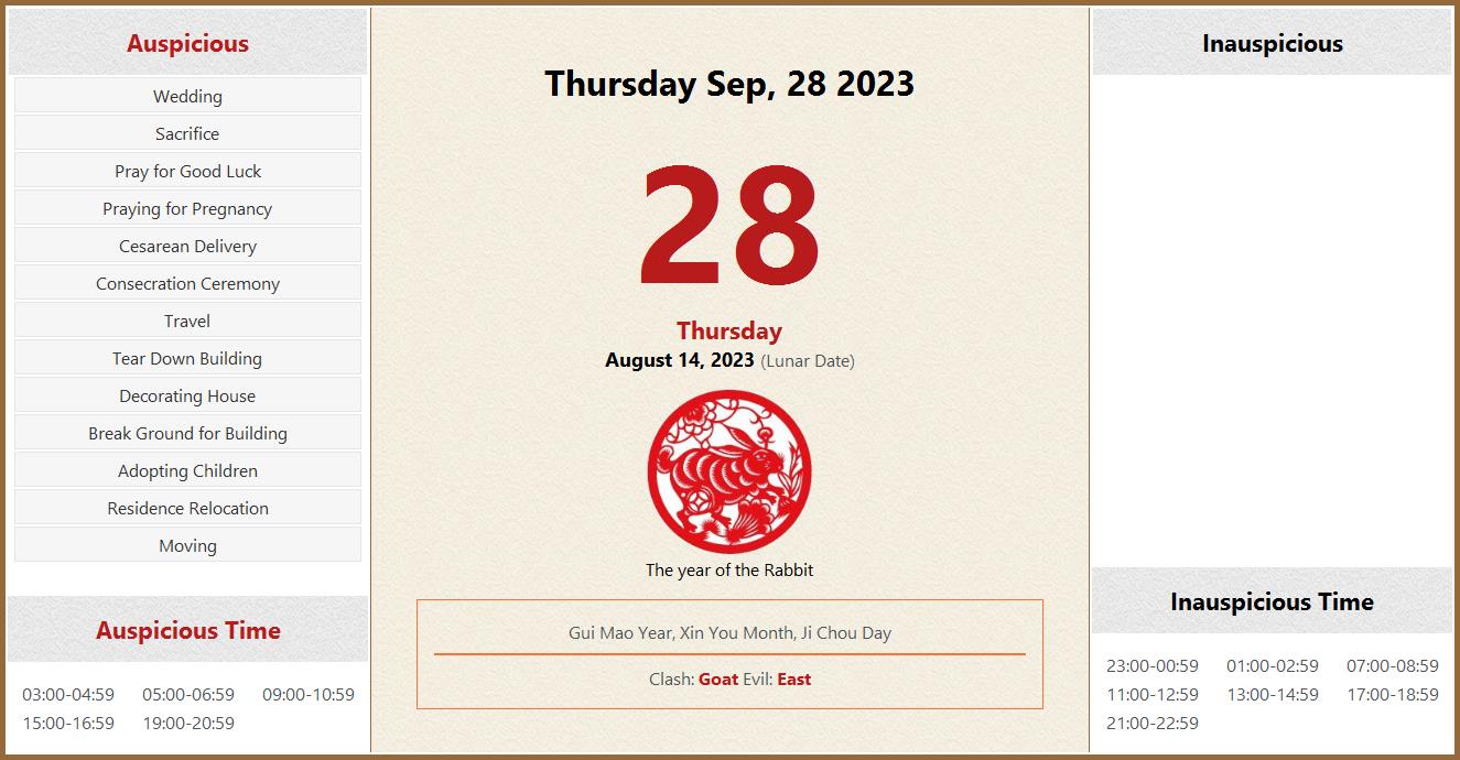 September 28, 2023 Almanac Calendar: Auspicious/Inauspicious Events and ...