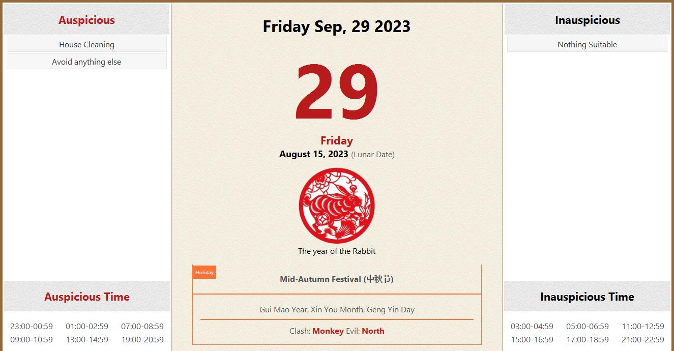 September 29, 2023 Almanac Calendar: Auspicious/Inauspicious Events and ...