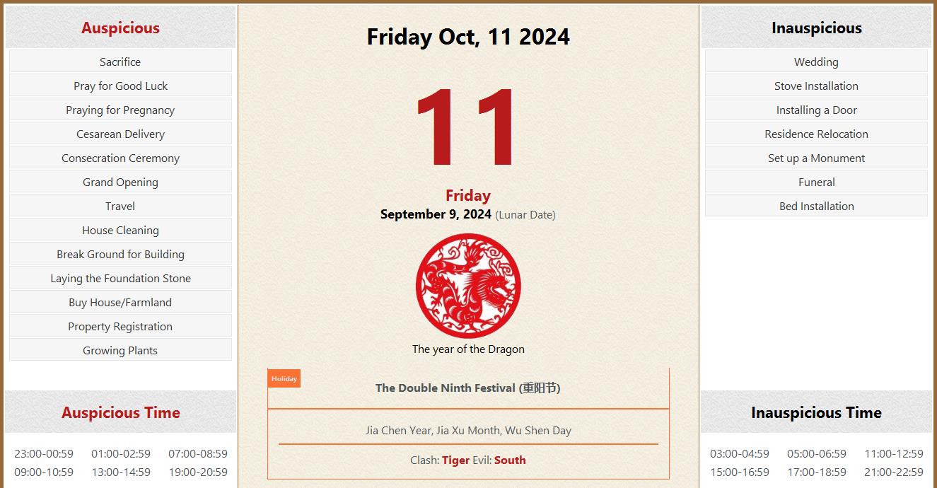 October 11, 2024 Almanac Calendar: Auspicious/Inauspicious Events and ...