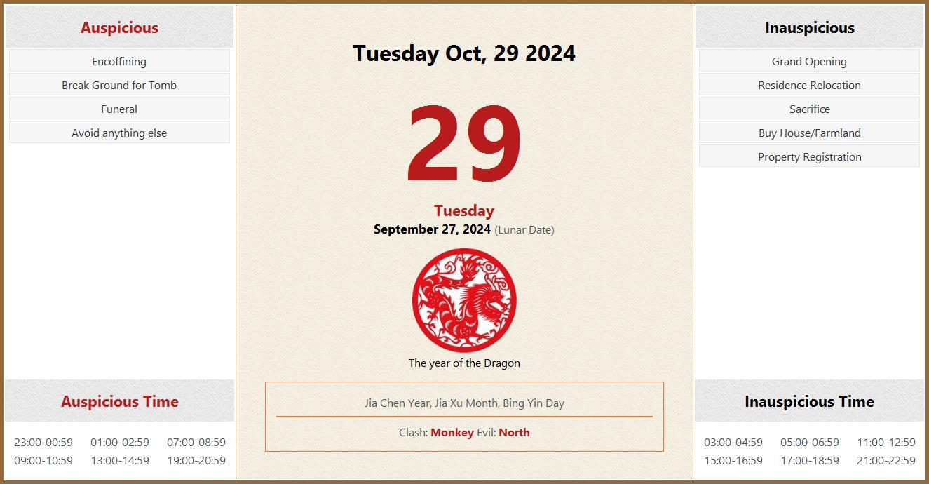 October 29, 2024 Almanac Calendar: Auspicious/Inauspicious Events and ...