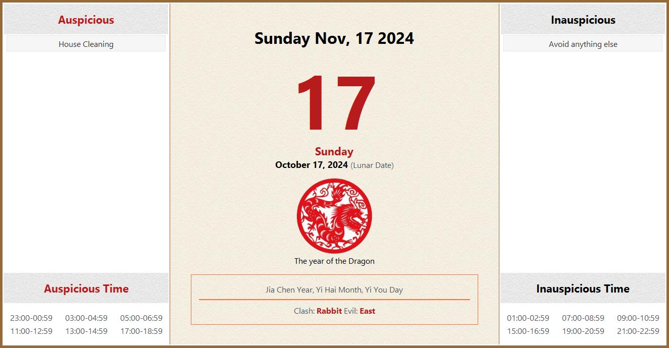 November 17, 2024 Almanac Calendar: Auspicious/Inauspicious Events and ...