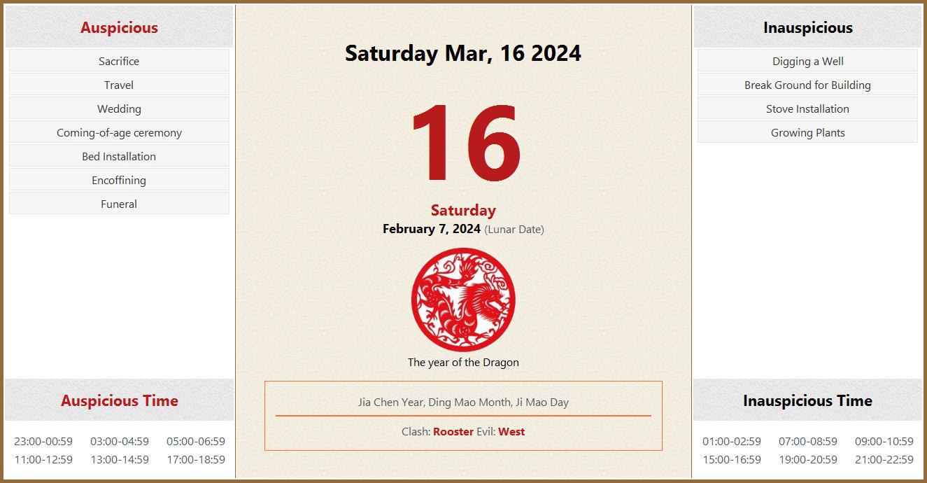 March 16, 2024 Almanac Calendar: Auspicious/Inauspicious Events and ...
