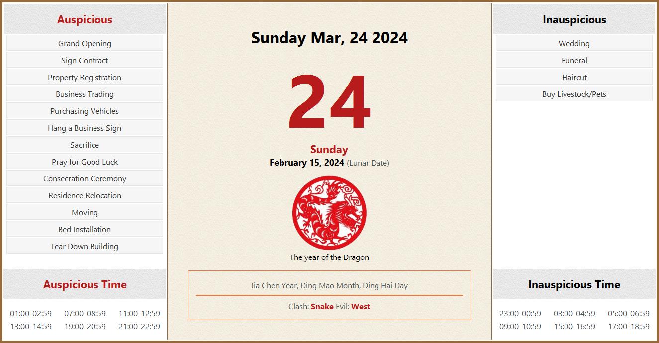 March 24, 2024 Almanac Calendar: Auspicious/Inauspicious Events and ...
