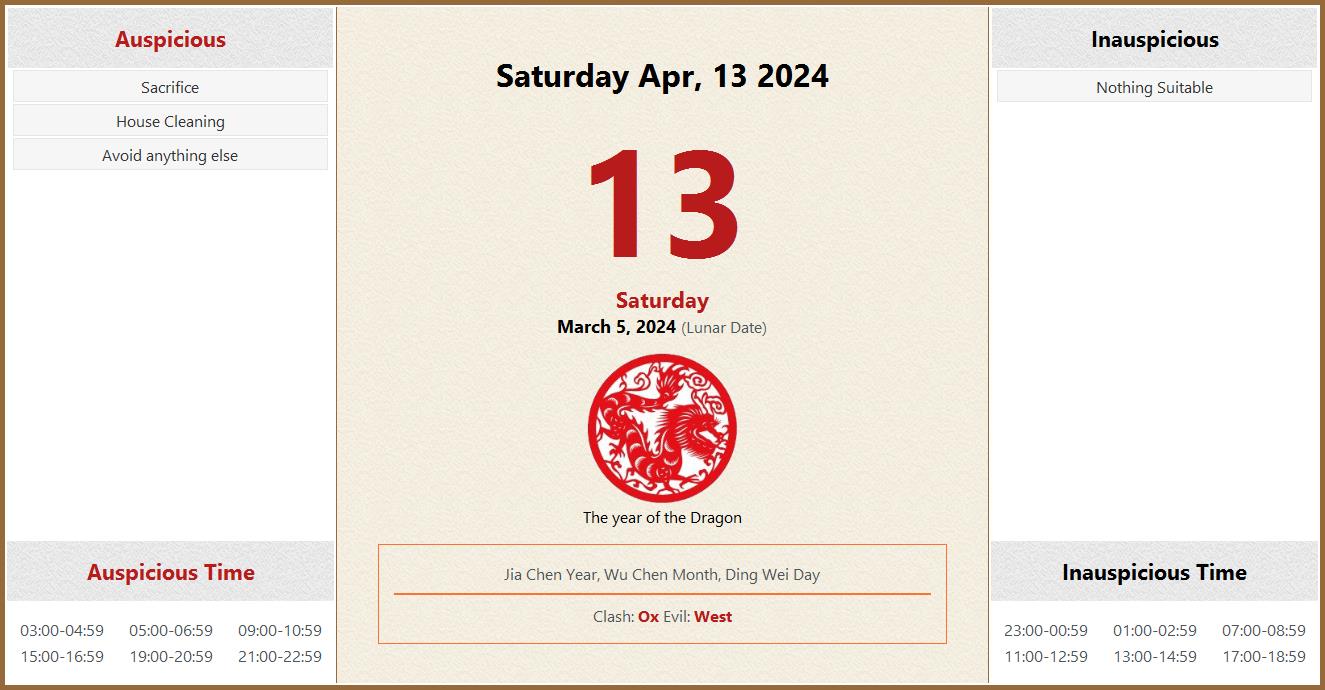 April 13, 2024 Almanac Calendar: Auspicious/Inauspicious Events and ...