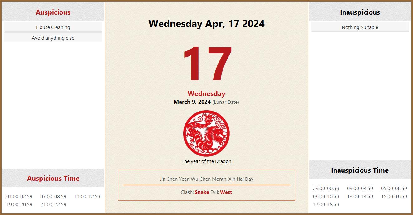 April 17 2024 Almanac Calendar Auspicious Inauspicious Events And