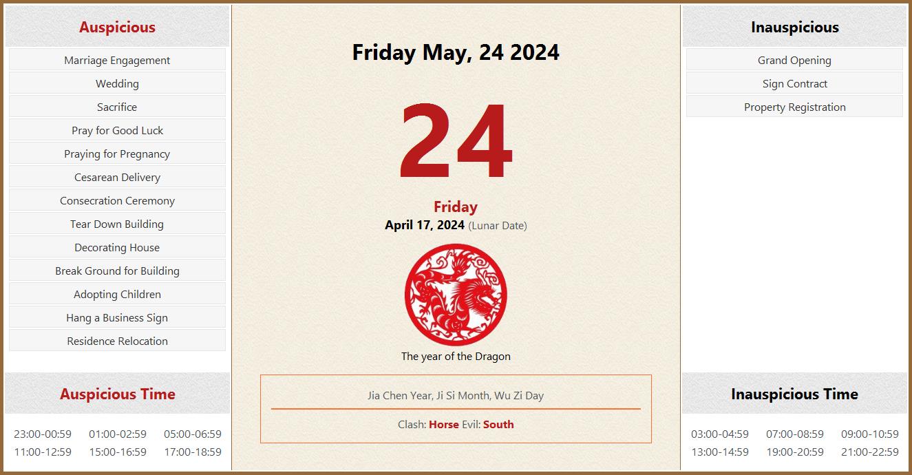 May 24, 2024 Almanac Calendar: Auspicious/Inauspicious Events and Time ...