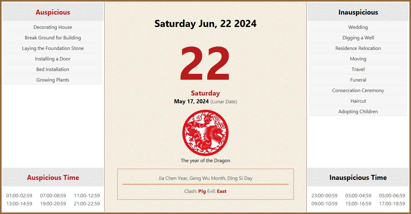 June 22, 2024 Almanac Calendar: Auspicious/Inauspicious Events and Time ...
