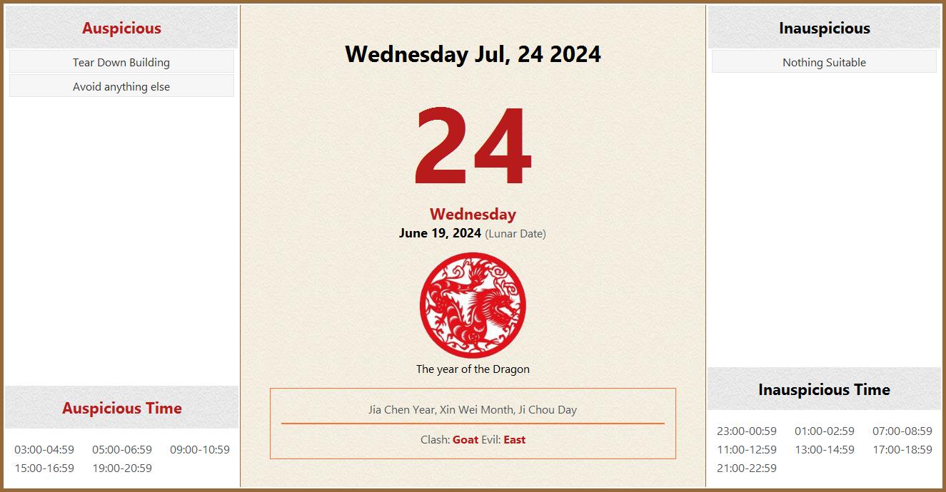 July 24, 2024 Almanac Calendar: Auspicious/Inauspicious Events and Time ...