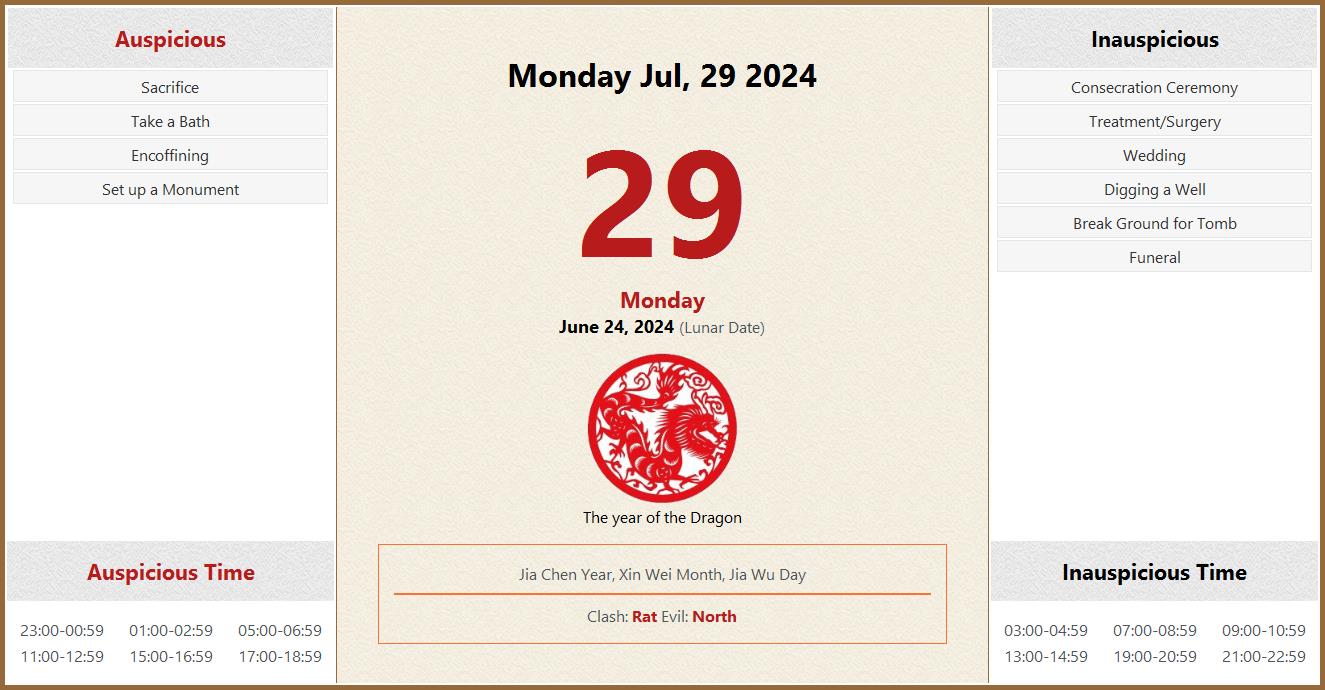 July 29, 2024 Almanac Calendar: Auspicious/Inauspicious Events and Time ...