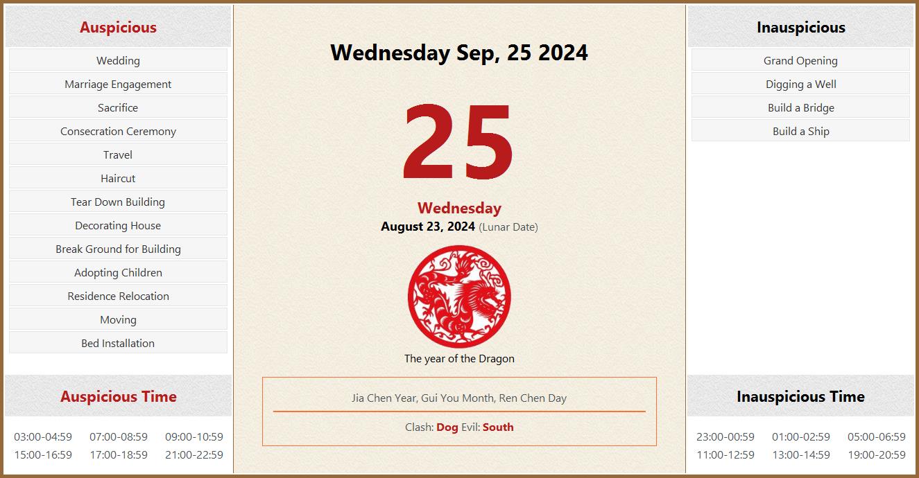 September 25, 2024 Almanac Calendar: Auspicious/Inauspicious Events and ...