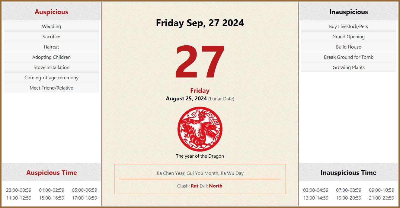 September 27, 2024 Almanac Calendar: Auspicious/Inauspicious Events and ...