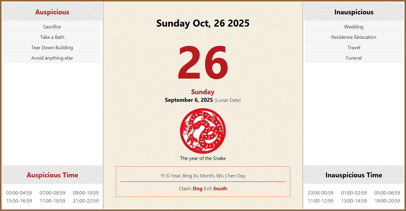 October 26, 2025 Almanac Calendar: Auspicious/Inauspicious Events and ...