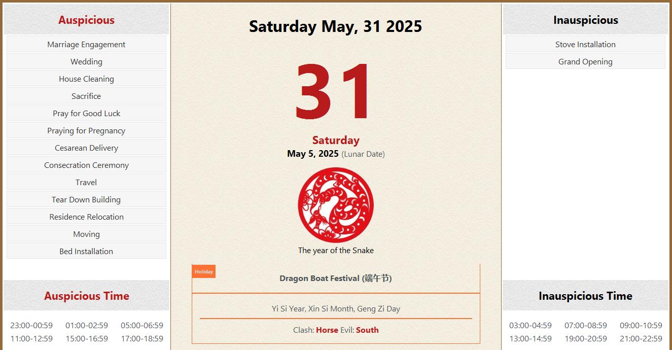May 31, 2025 Almanac Calendar: Auspicious/Inauspicious Events and Time ...