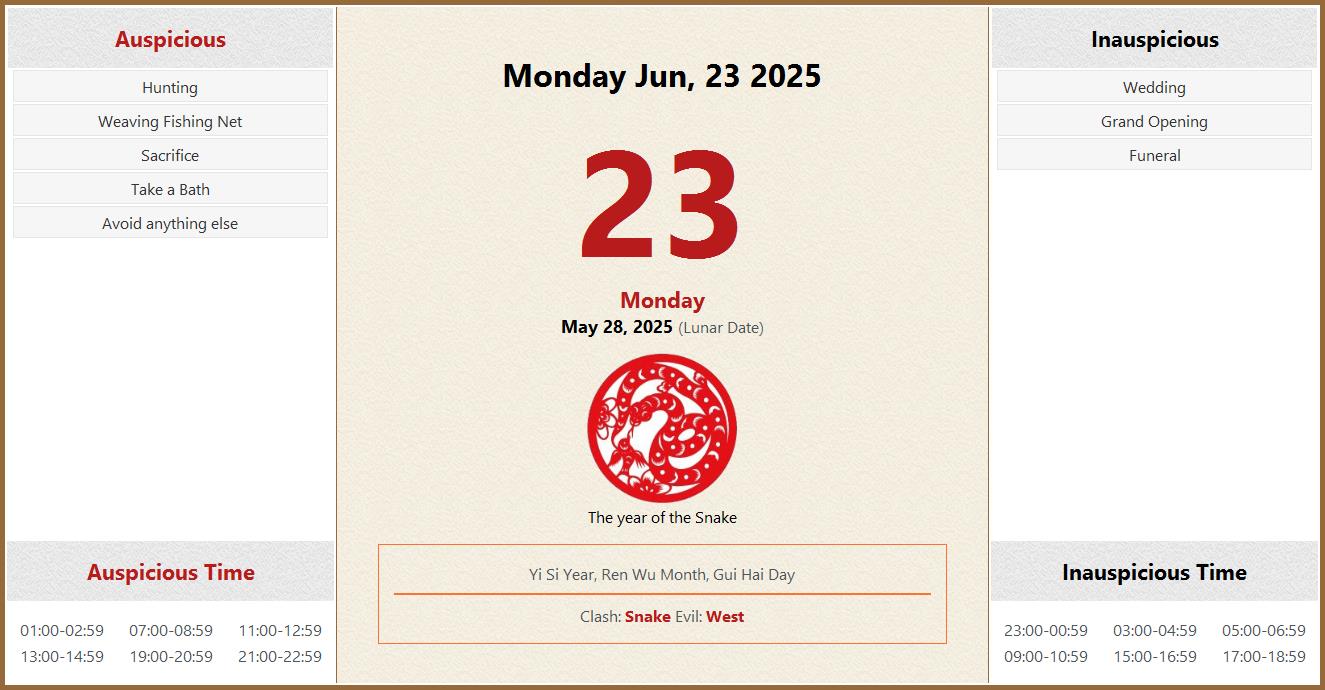 June 23, 2025 Almanac Calendar: Auspicious/Inauspicious Events and Time ...