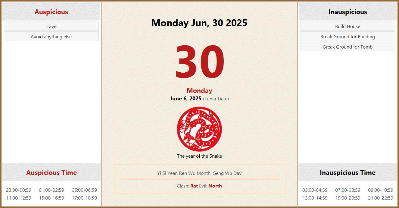 June 30, 2025 Almanac Calendar: Auspicious/Inauspicious Events and Time ...