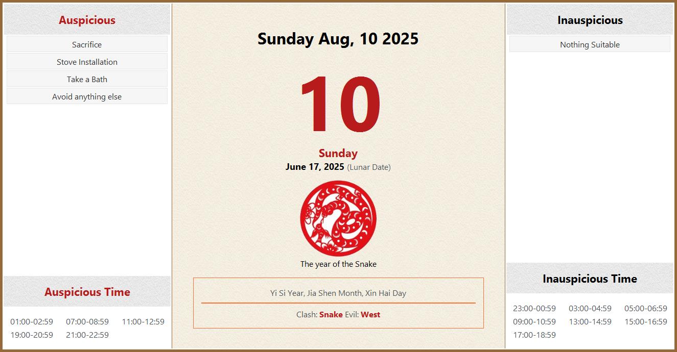 August 10, 2025 Almanac Calendar: Auspicious/Inauspicious Events and ...