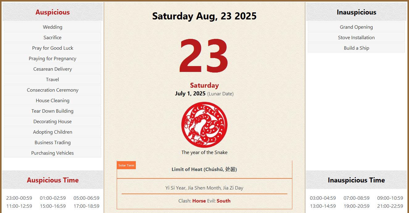 August 23, 2025 Almanac Calendar: Auspicious/Inauspicious Events and ...