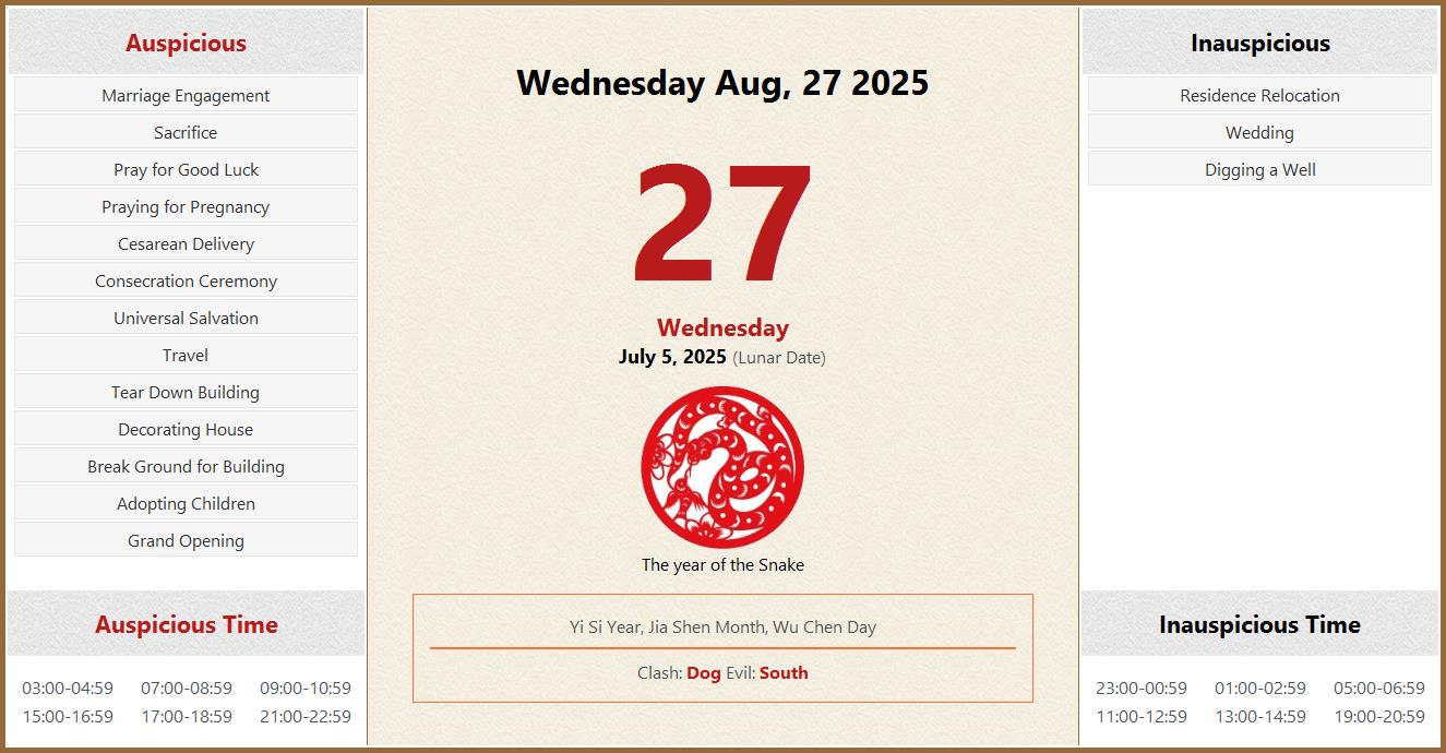 August 27, 2025 Almanac Calendar: Auspicious/Inauspicious Events and ...