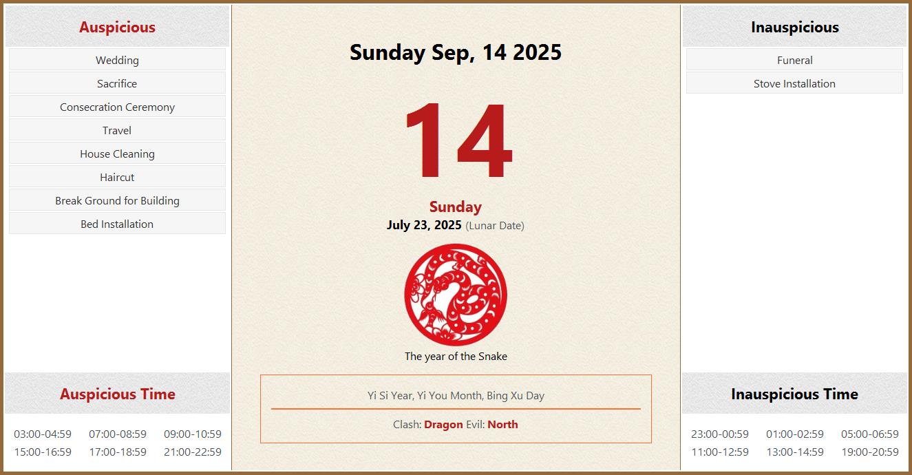 September 14 2025 Almanac Calendar Auspicious Inauspicious Events And